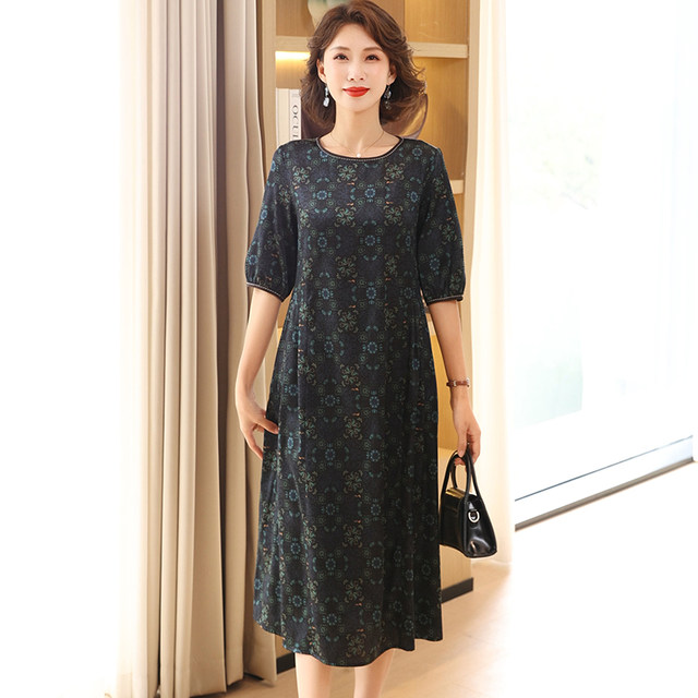 New silk dress for women printed middle-aged and elderly mothers ...