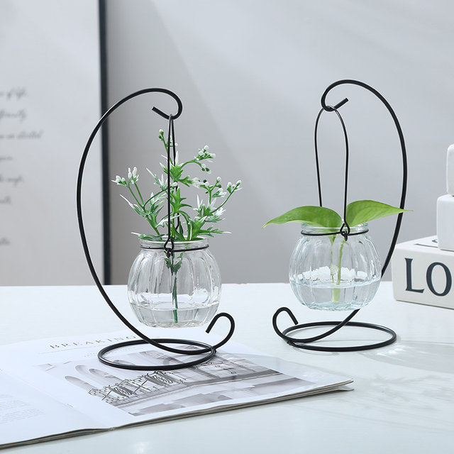 Creative iron frame hydroponic pothos glass vase container basin office ...