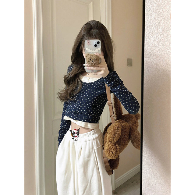 Floral lace inner wear fake two-piece long-sleeved T-shirt for women ...