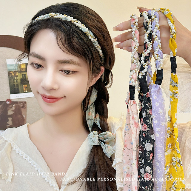 Retro ribbon headband braided hairband silk scarf tied hair one-piece ...
