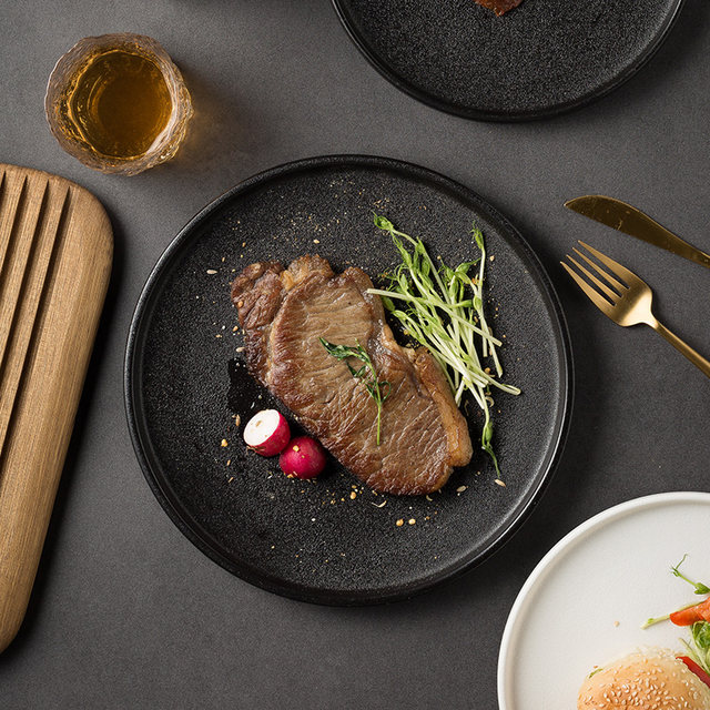 Japanese quicksand plate steak plate western food plate home black ...