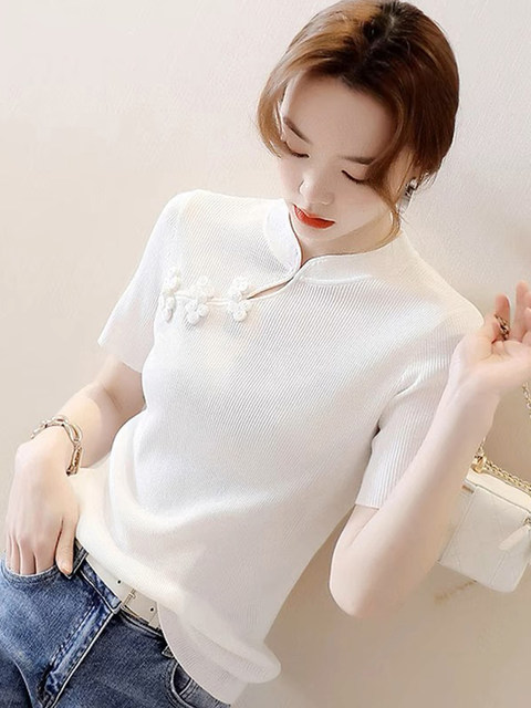 High-end Chinese style button-down top T-shirt New Chinese V-neck ...