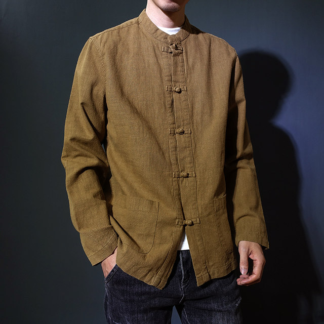 Chinese style Tang suit men's loose cotton and linen long-sleeved shirt ...