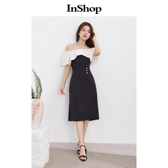 INSHOP new one word collar temperament dress female high -level sensory ...