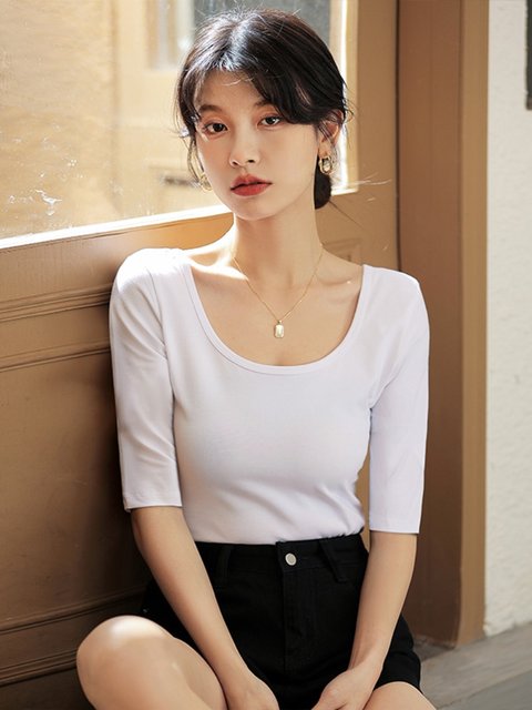 Modal Green U -collar T -shirt Girls' Sleeve Thin Tighted Low Narrow ...