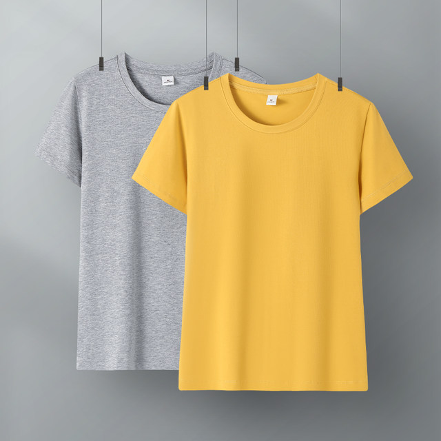Yellow Slim Short Sleeve T-Shirt Women's Summer Pure Cotton Right Shoulder Basic Large Size Top ...