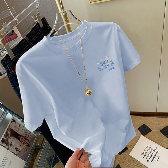 2024 summer new style blue cotton short-sleeved T-shirt for women ...