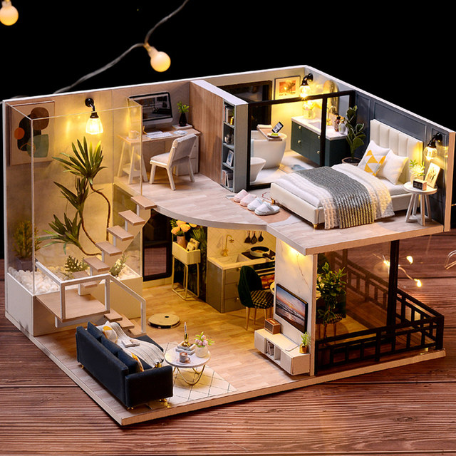 diy handmade cabin loft mini miniature scene micro villa assembled ...