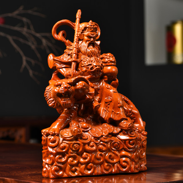 Rosewood carved tiger riding Zhao Gongming statue ornaments Wu Caishen ...