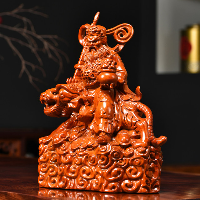 Rosewood carved tiger riding Zhao Gongming statue ornaments Wu Caishen ...