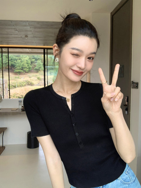 pusumede black tensil knitted short-sleeved T-shirt for women's summer ...