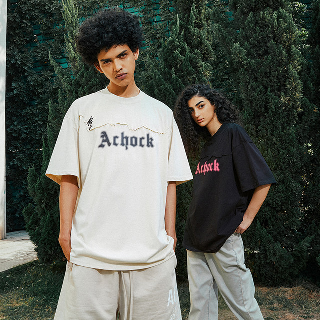 Achock national fashion American retro deconstructed splicing dot printing embroidered T-shirt ...