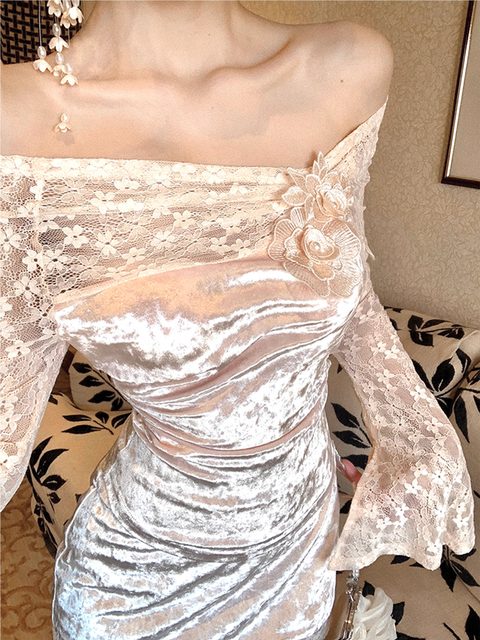 Sweet Li Daidai Showa daughter, spring orange pink one-shoulder lace spliced velvet top + skirt suit