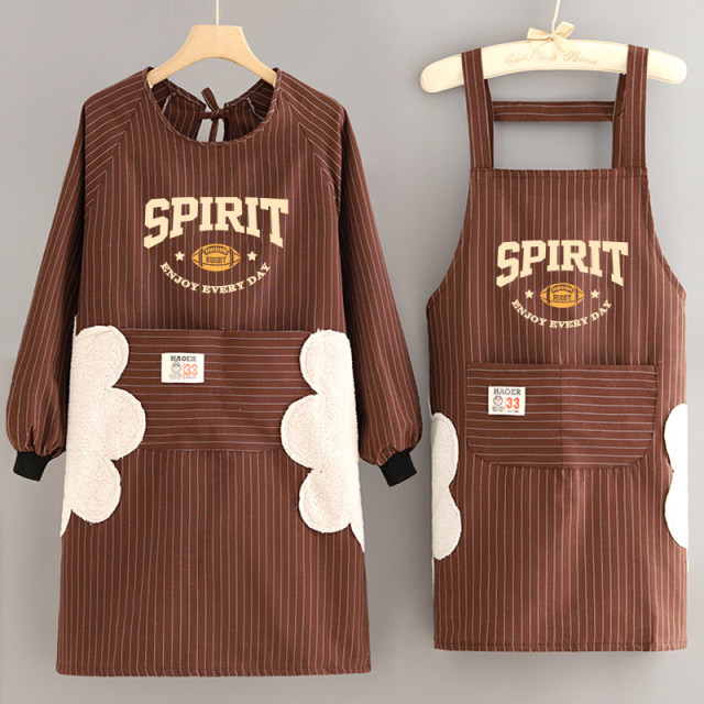 Cotton double-layer long-sleeved apron for kitchen household cooking ...