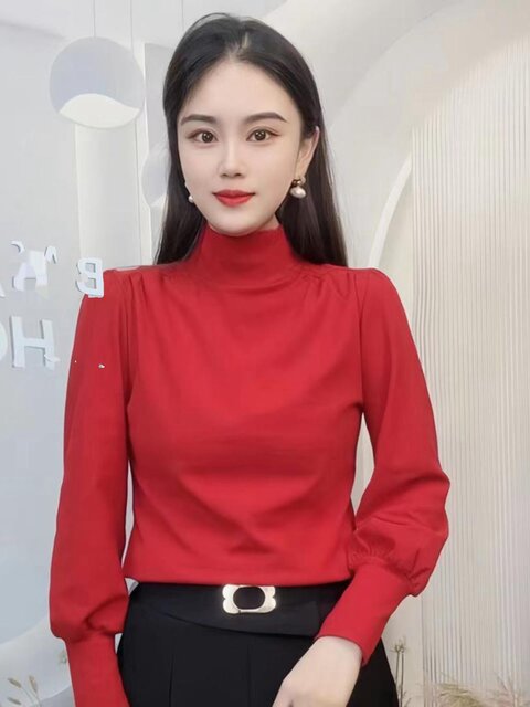 Solid color foreign style puff sleeve women's bottoming shirt, spring ...