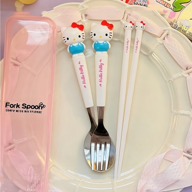 Hello Kitty Chopsticks and Spoon Set Storage Box Hi KT Spoon and Fork ...