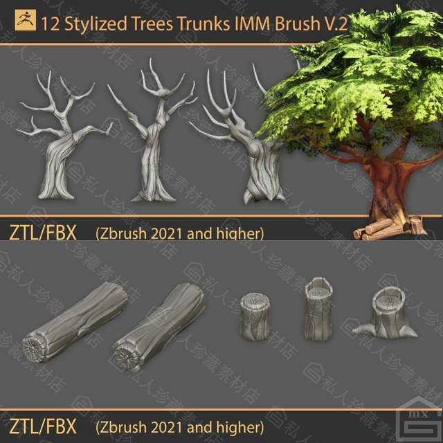 Zbrush stylized tree trunk branches tree head brush zbp and cartoon ...