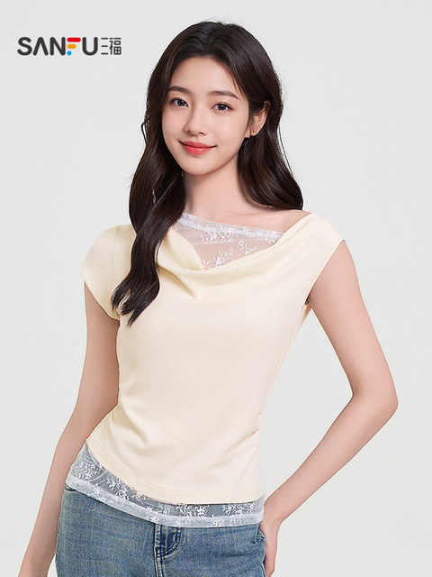 Sanfu short T-shirt 2025 summer irregular lace splicing hem off ...