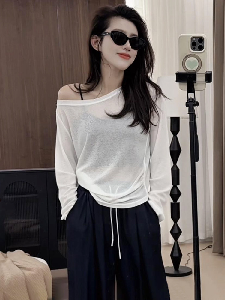 Lazy style slanted shoulder sun protection long-sleeved T-shirt for ...