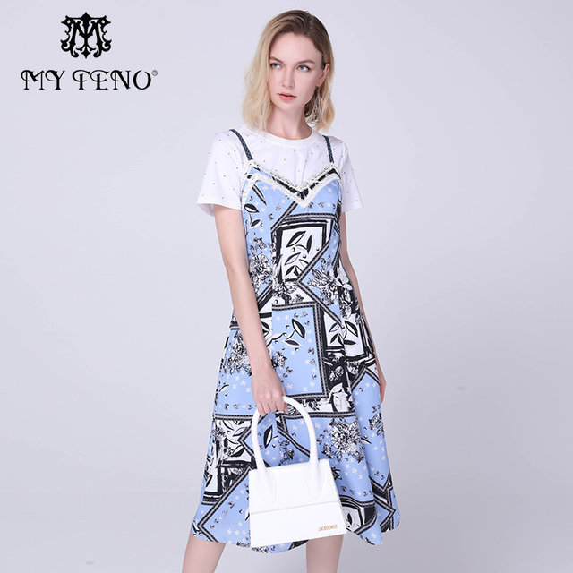 Ma Tiannu Summer Blue Printed Sling Temperament Dress Skirt Fake Two ...