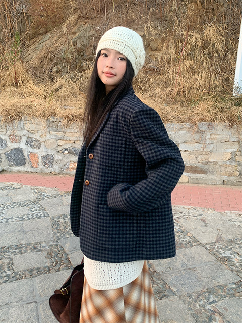 MOWENTI Wenwen Ting gray long casual lattice suits outer set female ...