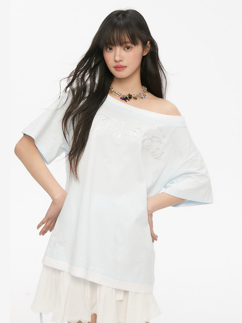 Pink ers co-branded American casual hot girl style off-shoulder T-shirt ...