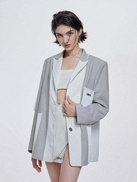 Azepam mid-length multi-pocket splicing blazer