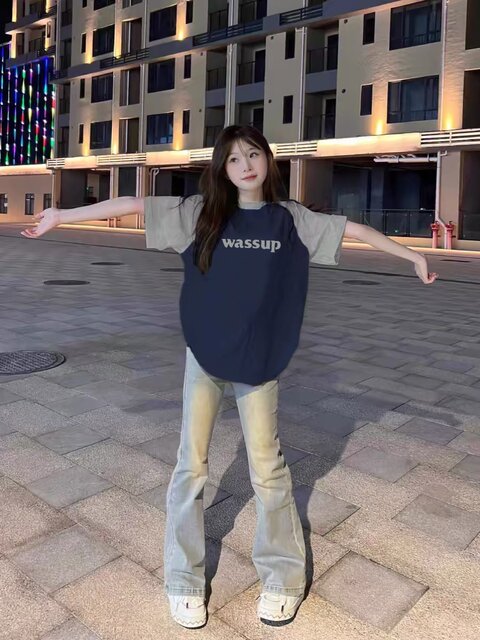 WASSUP national trend couple raglan short-sleeved T-shirt women's ...