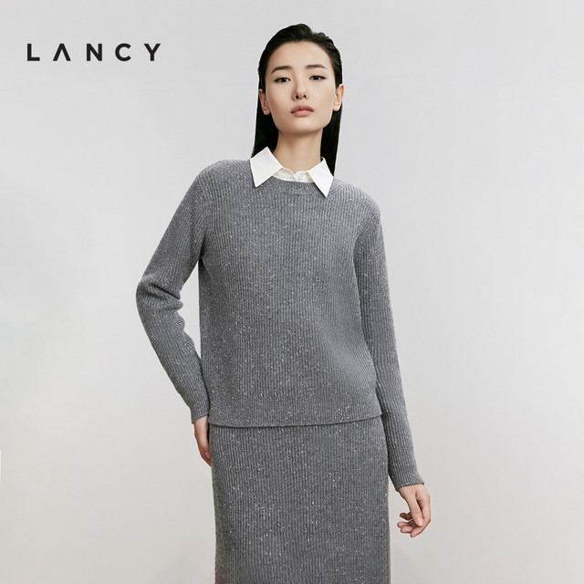LANCY/Langzi 2024 winter new style wool cashmere round neck gray ...