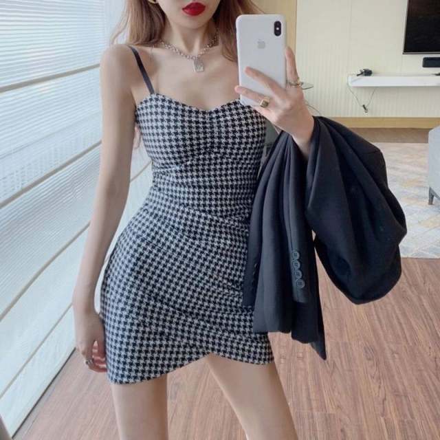 PlaiddressSlimfittunicCasualFasy grid dress slim waist