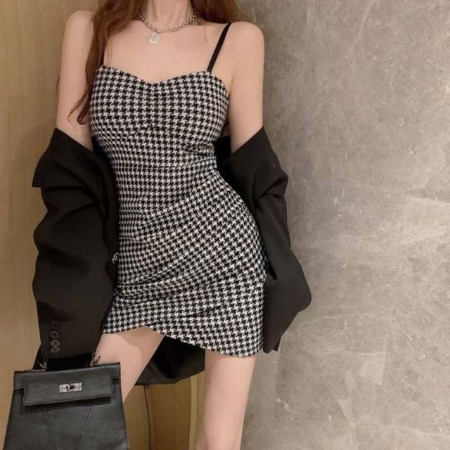PlaiddressSlimfittunicCasualFasy grid dress slim waist