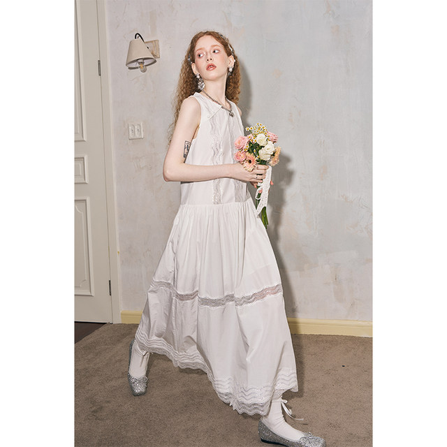 DIDDIMODA lace spliced round neck long skirt with diagonal placket ...