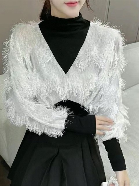 Korean version of fake two-piece spliced tassel top for women's spring and autumn new style slim ...