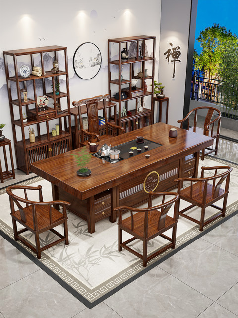Solid Wood Large Tea Table and Chair Set, One Table and Five Chairs ...