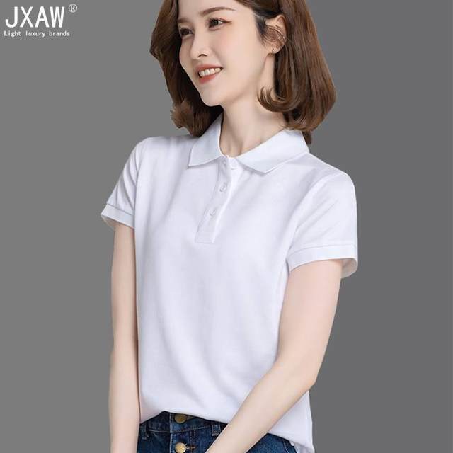 White short -sleeved female lapel summer temperament polo shirt high ...