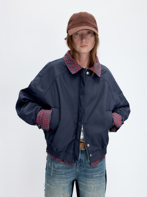 Escape from Chigang West Retro Navy Blue Spliced Contrast Color Plaid ...