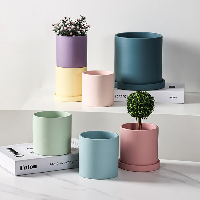Morandi pure color matte ceramic flowerpot with tray Nordic large home ...