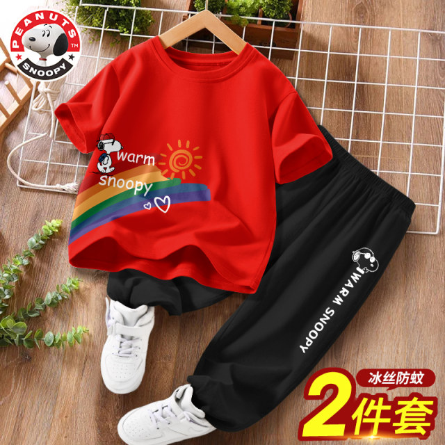 Snoopy boys suit summer loose short-sleeved two-piece ice silk mosquito ...