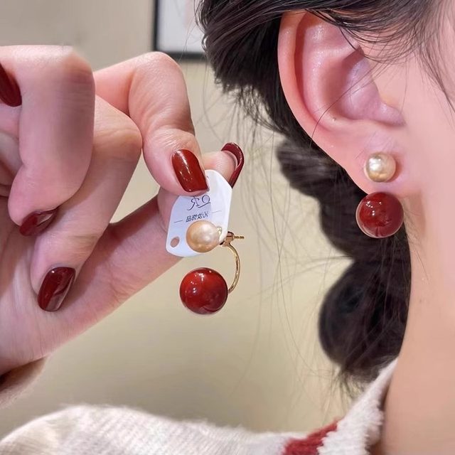 A two-wearing wine red pearl earrings for women with sterling silver ...