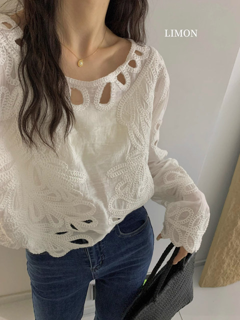 Lace hollow lemon green tea high-end long-sleeved pullover for women's ...