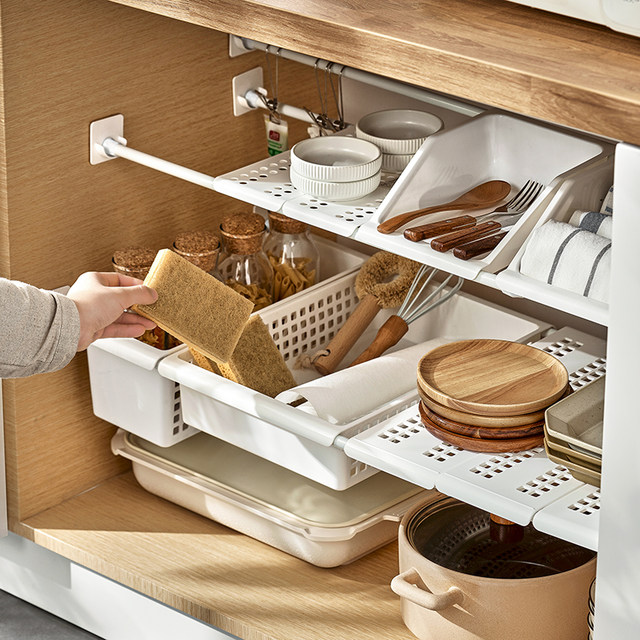 Under-sink storage basket kitchen storage rack pots and pans layered ...