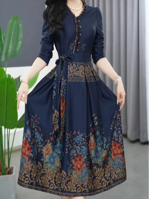 Temperament waist-hugging slimming wood earrings dress 2025 autumn new retro new Chinese printed ...