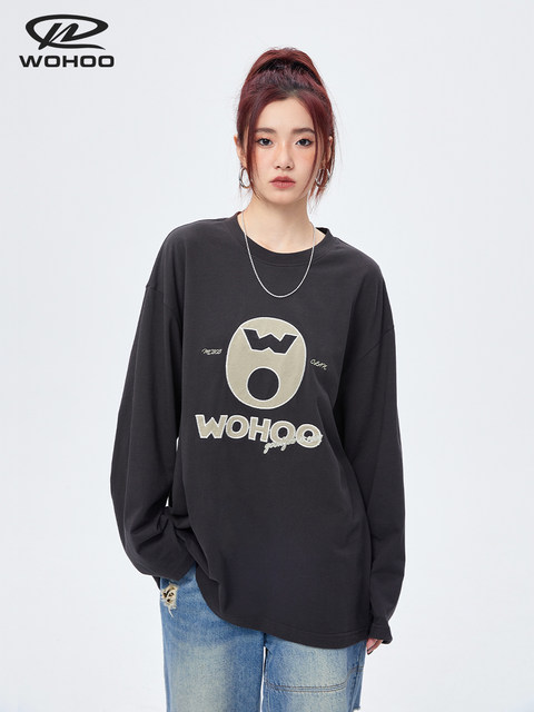 WOHOO candy color patch embroidery large logo long sleeve street ...