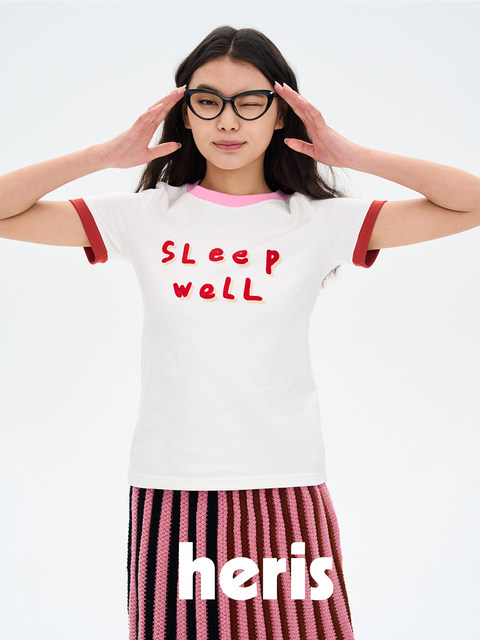 heris handwritten slogan flocking print colorful edge round neck front ...