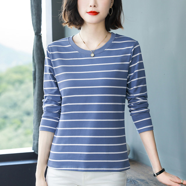 2025 new pure cotton striped long-sleeved T-shirt for women's base ...