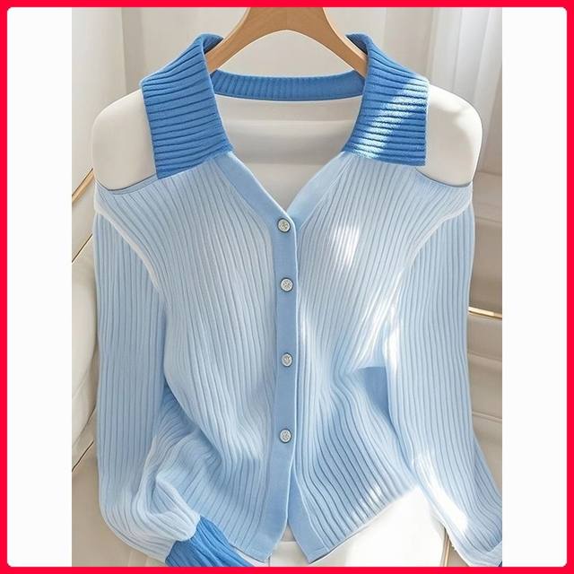 French personalized design polo neck off-shoulder blue sweater spring ...