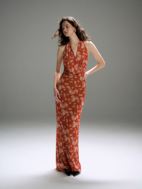 PynkiSwear red printed halter neck neckline large backless long skirt ...