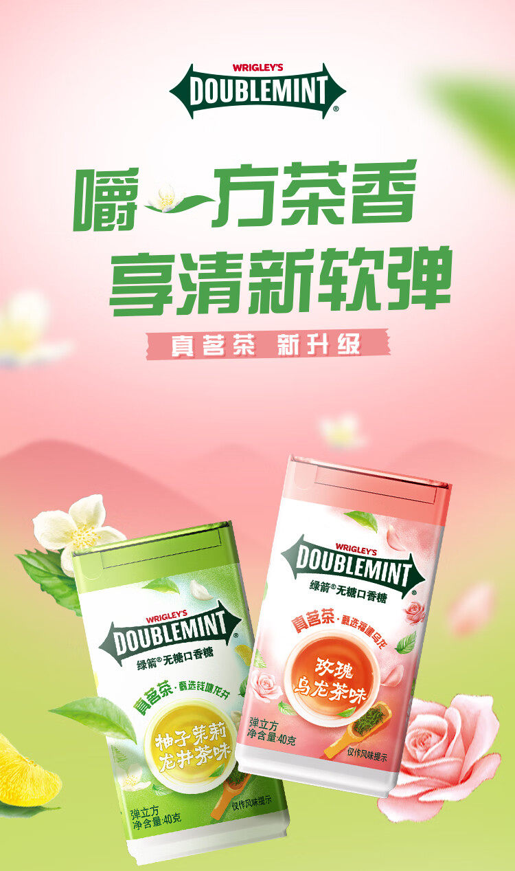 Wrigley's Doublemint Green Arrow Sugar-Free Chewing Gum Cubes - 40g Bottle