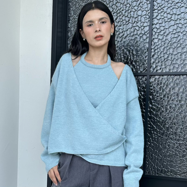 ZC.TenNine design sense cross v-neck irregular knit sweater halter neck ...