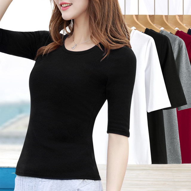 Black round neck seven -point sleeve top, Ms. Simple Merit Slim thin ...